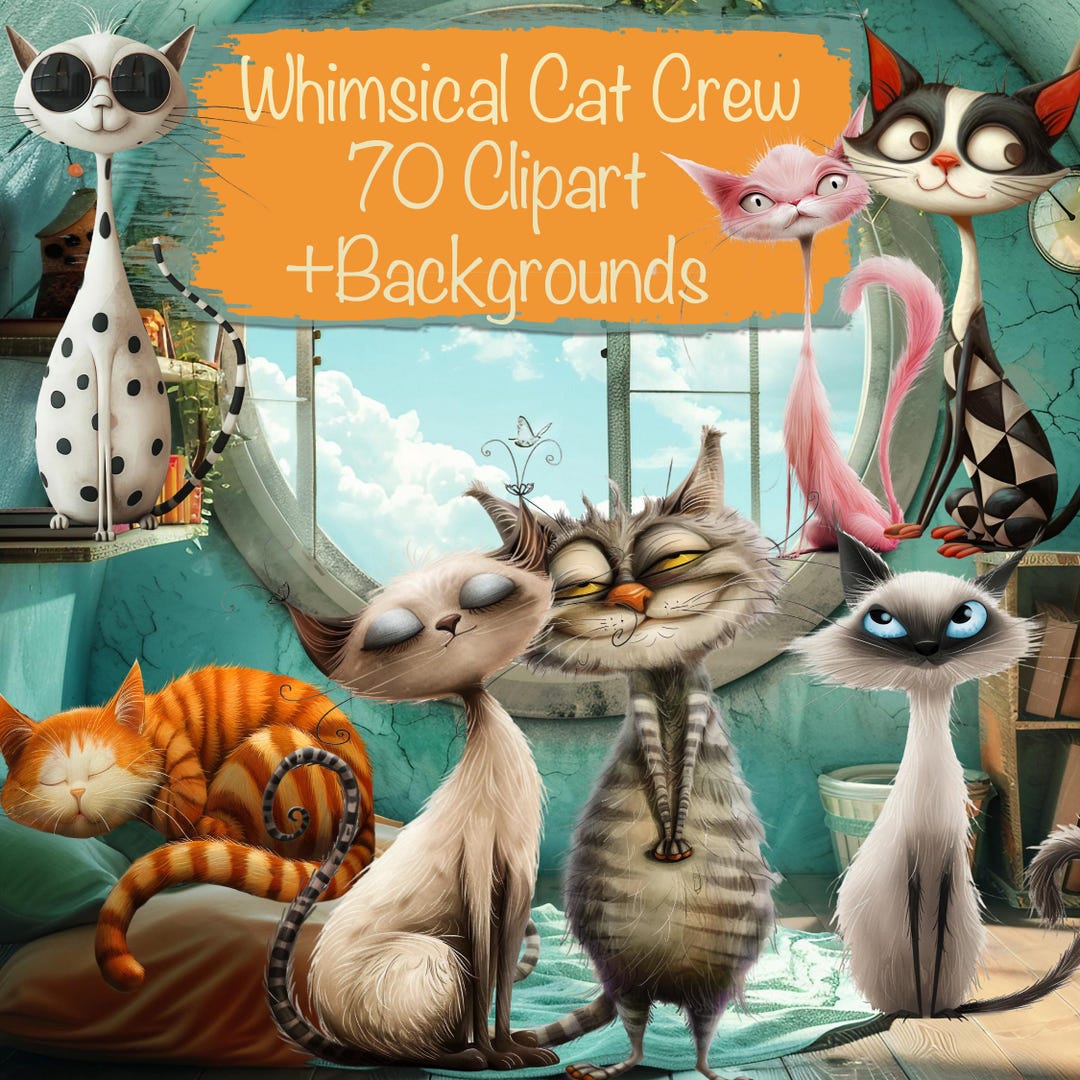 Whimsical Cat Crew 70 Clipart Bundle + 30 Backgrounds + Sheets, DIY ...