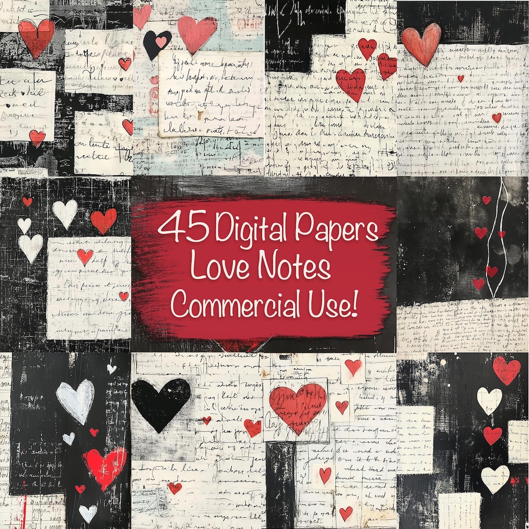 45 Valentine Love Notes Digital Papers Bundle, DIY Card Making, Junk ...