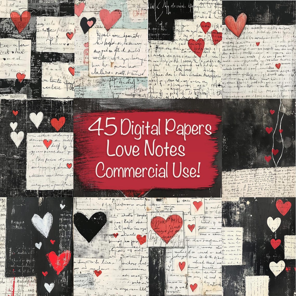 45 Valentine Love Notes Digital Papers Bundle, DIY Card Making, Junk ...
