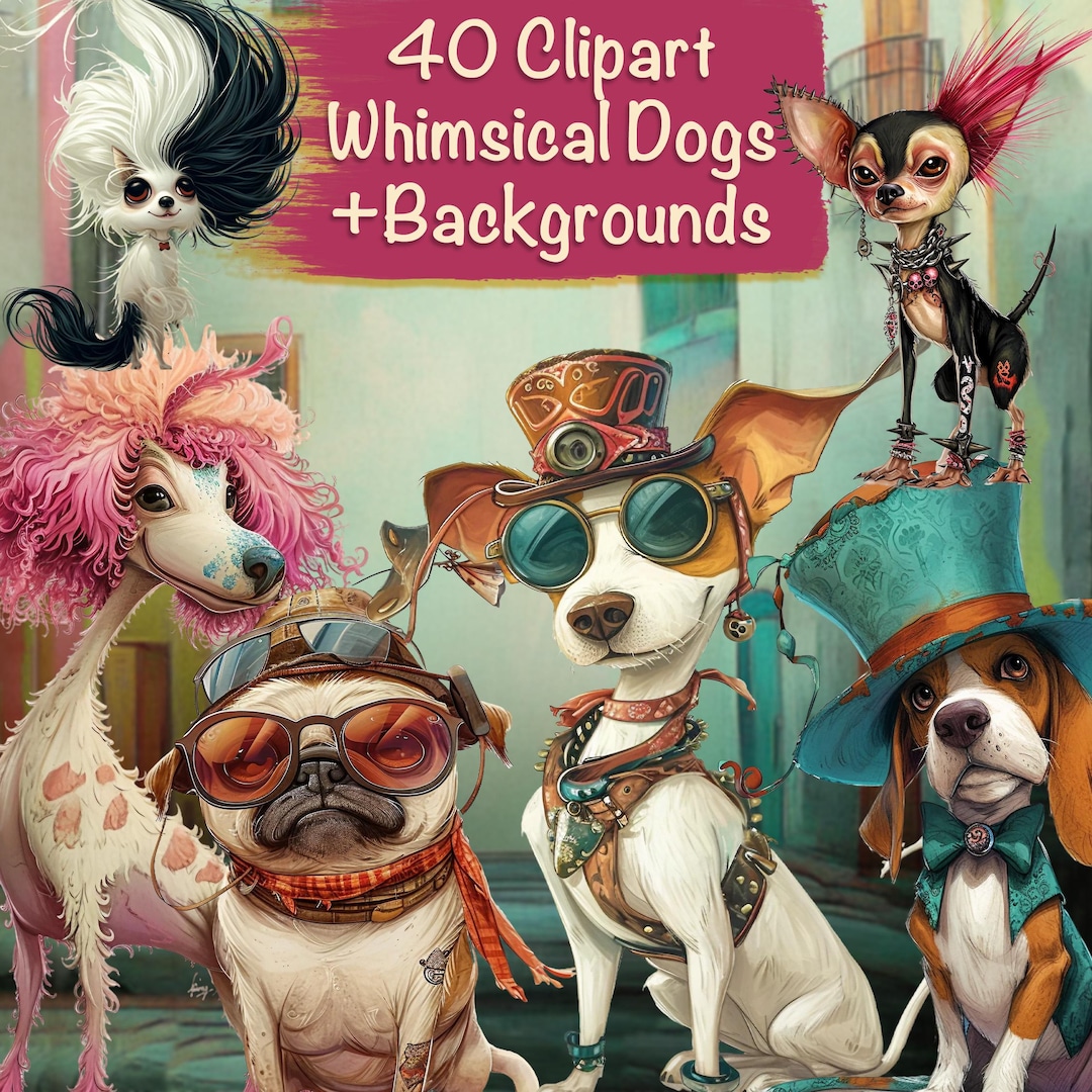 40 Whimsy Dogs Png Clipart + 15 Backgrounds + Printable Sheets, Cards ...