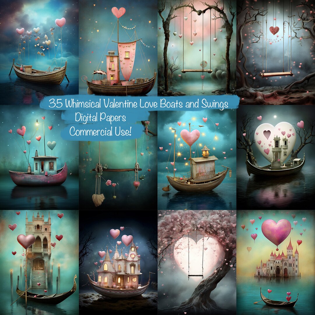35 Valentines Whimsical Love Boats and Swings, Digital Paper, DIY Card ...