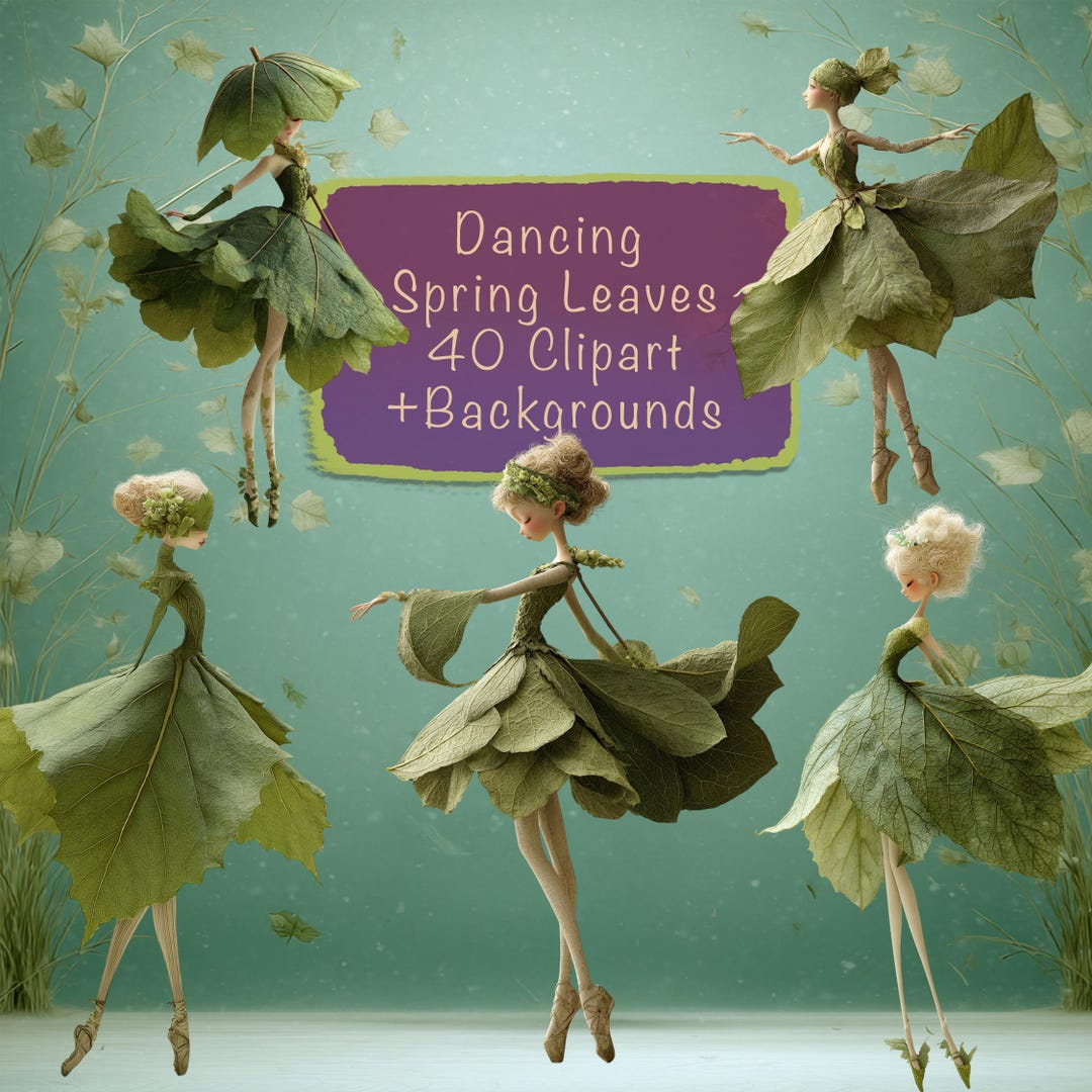 Dancing Spring Leaves 40 Clipart PNG + 15 Backgrounds - DIY Cards, Junk ...
