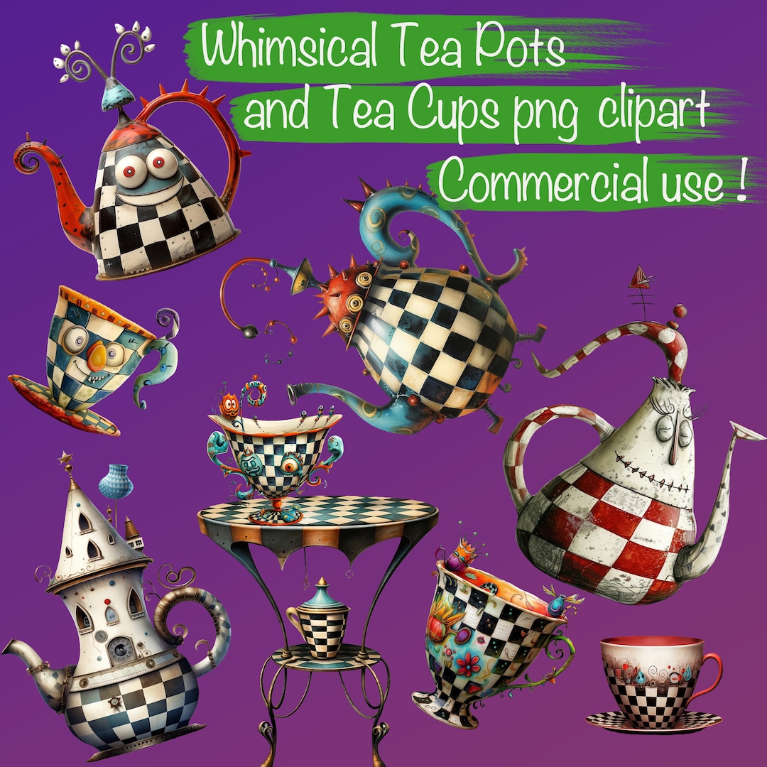 Set of 30 Quirky Whimsy Tea Pots and Tea Cups Png Clipart Printable Sheets, Card, Collage Kit ...