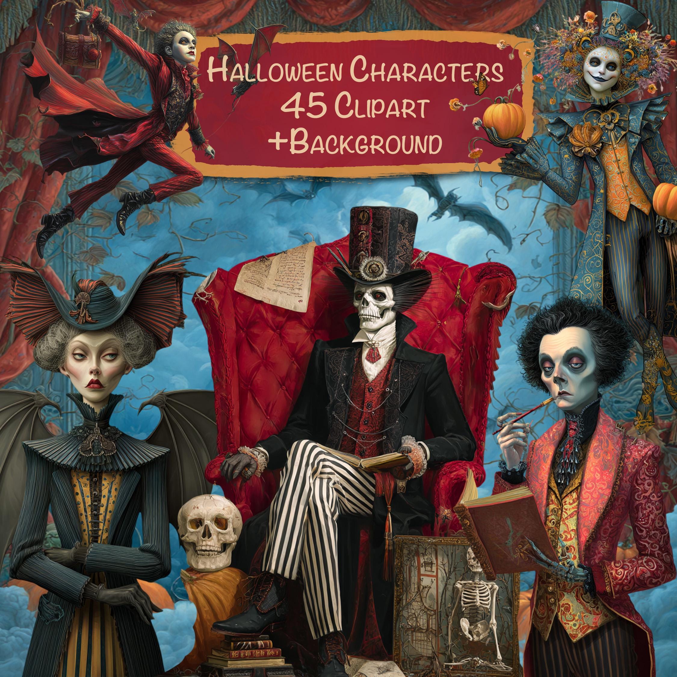 Halloween Characters Clipart Bundle: 45 PNG Images + 15 Backgrounds ...