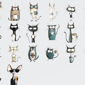 45 Whimsical Cat Coffee Lover Clipart + 15 Backgrounds, DIY Card Making ...
