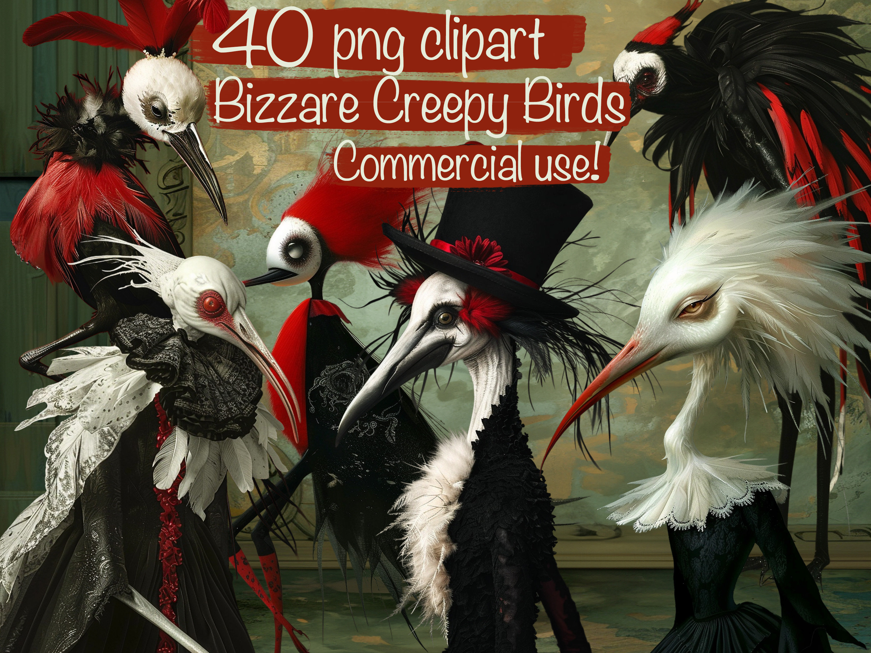 40 Bizarre Surreal Creepy Birds Clipart Png + 15 Backgrounds - for Card ...