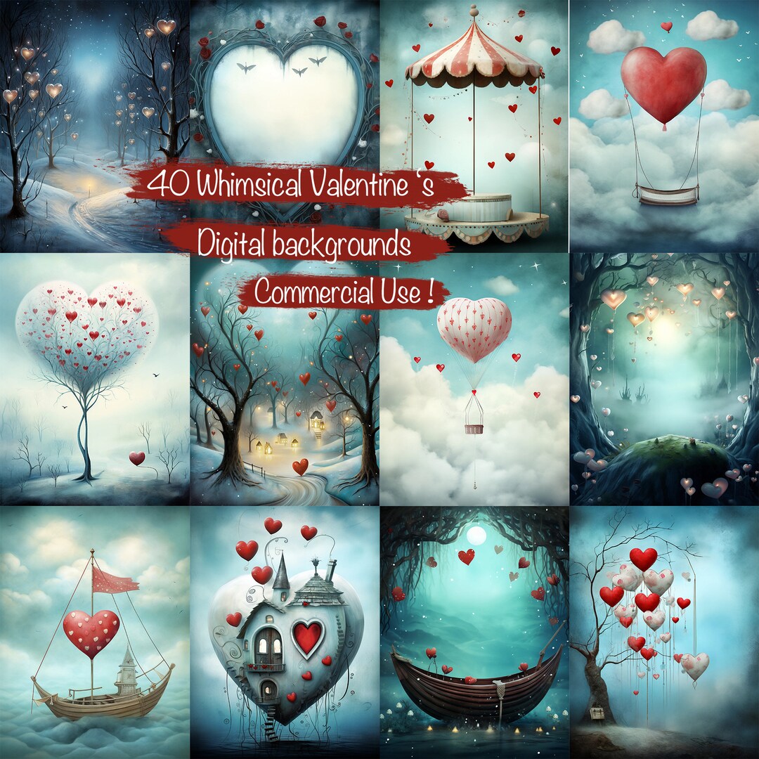 Set of 40 Whimsical Valentine Digital Papers, Cute Love Backgrounds ...
