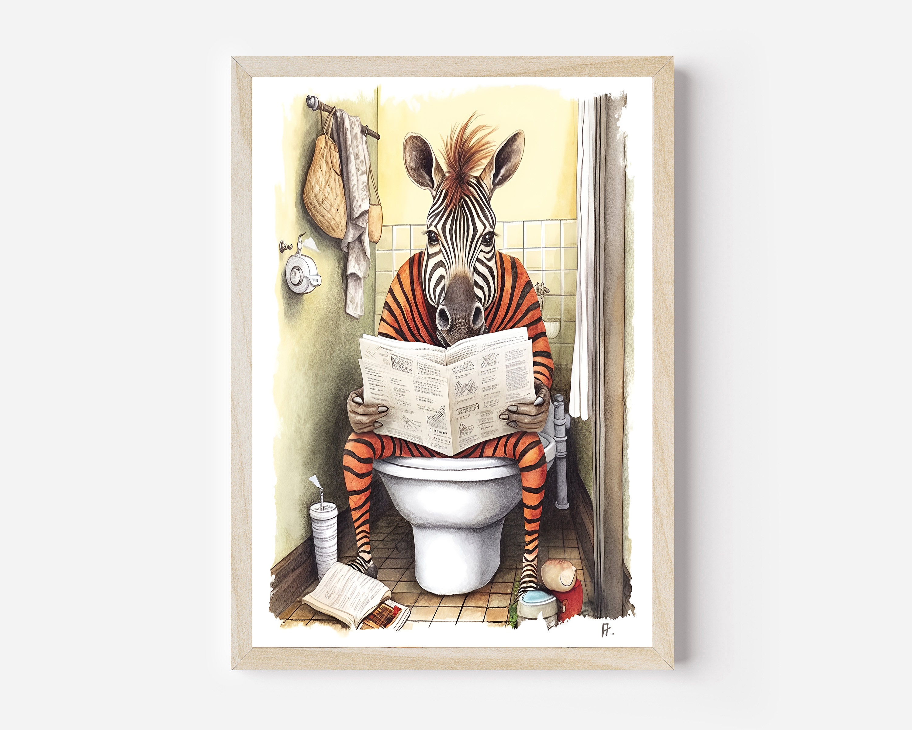 Zebra on Toilet, Funny Bathroom Art, Humour Art Print, Animal Reading ...