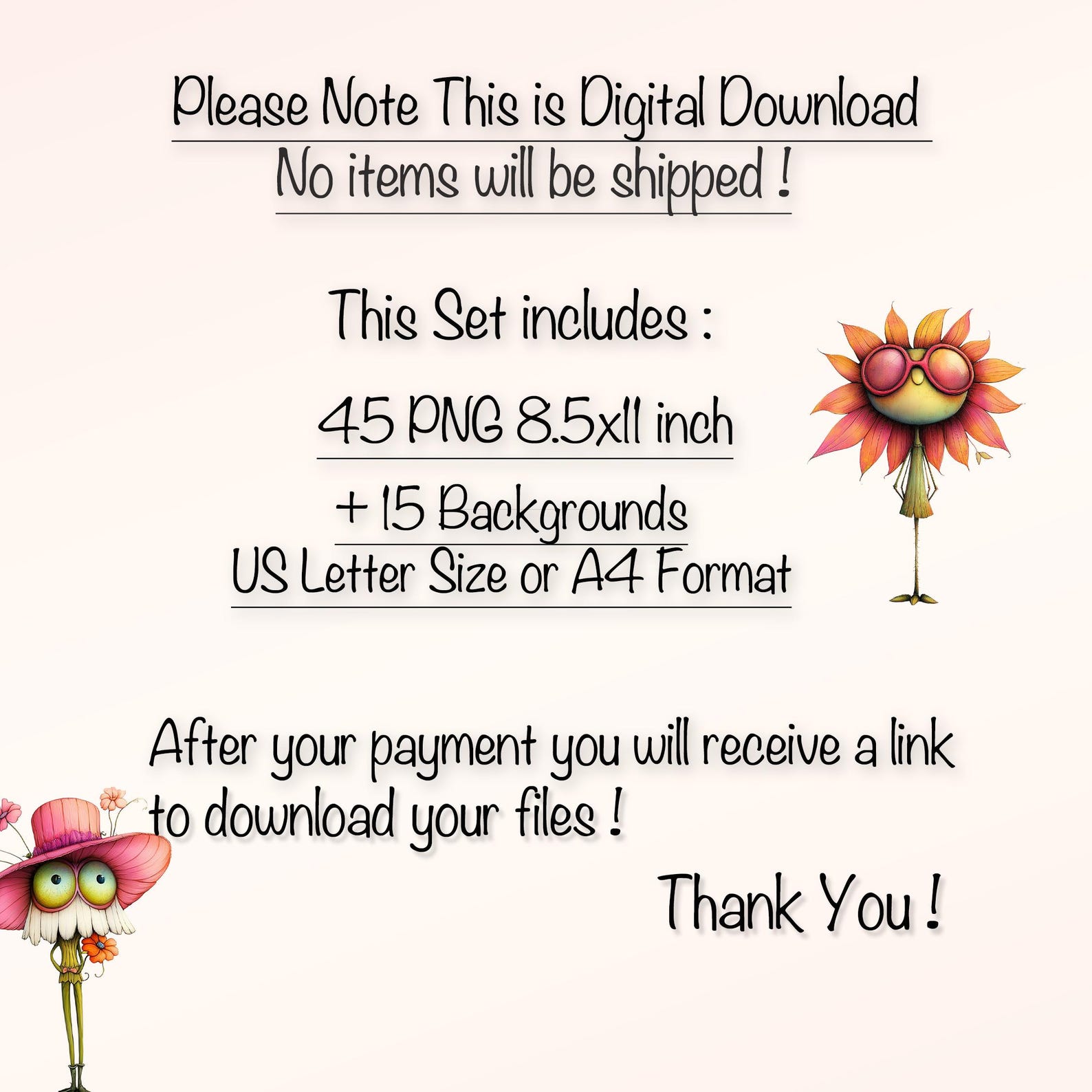 Quirky Flower Characters 45 PNG + 15 Backgrounds, DIY, Cards, Junk ...