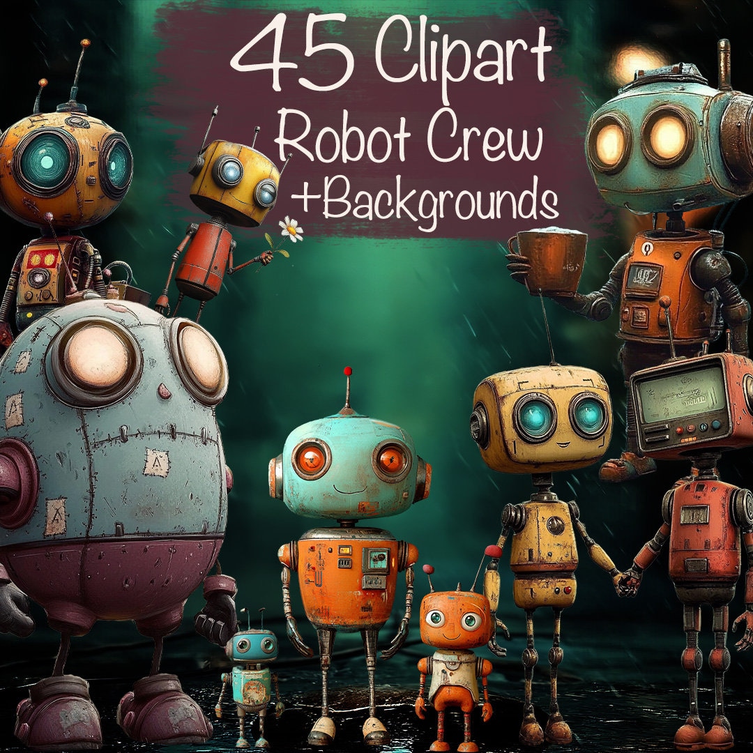45 Whimsical Quirky Robots Characters Bundle + 15 Background, DIY Card ...