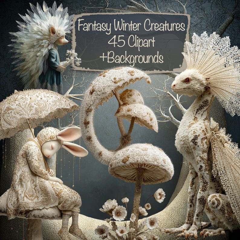 Fantasy Winter Characters 45 Clipart PNG + 15 Backgrounds, DIY, Cards ...