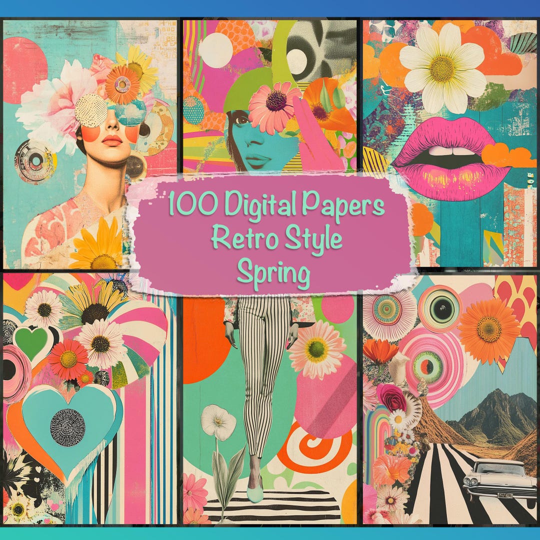 100 Retro Style Spring Digital Papers Bundle, DIY Card Making, Junk ...