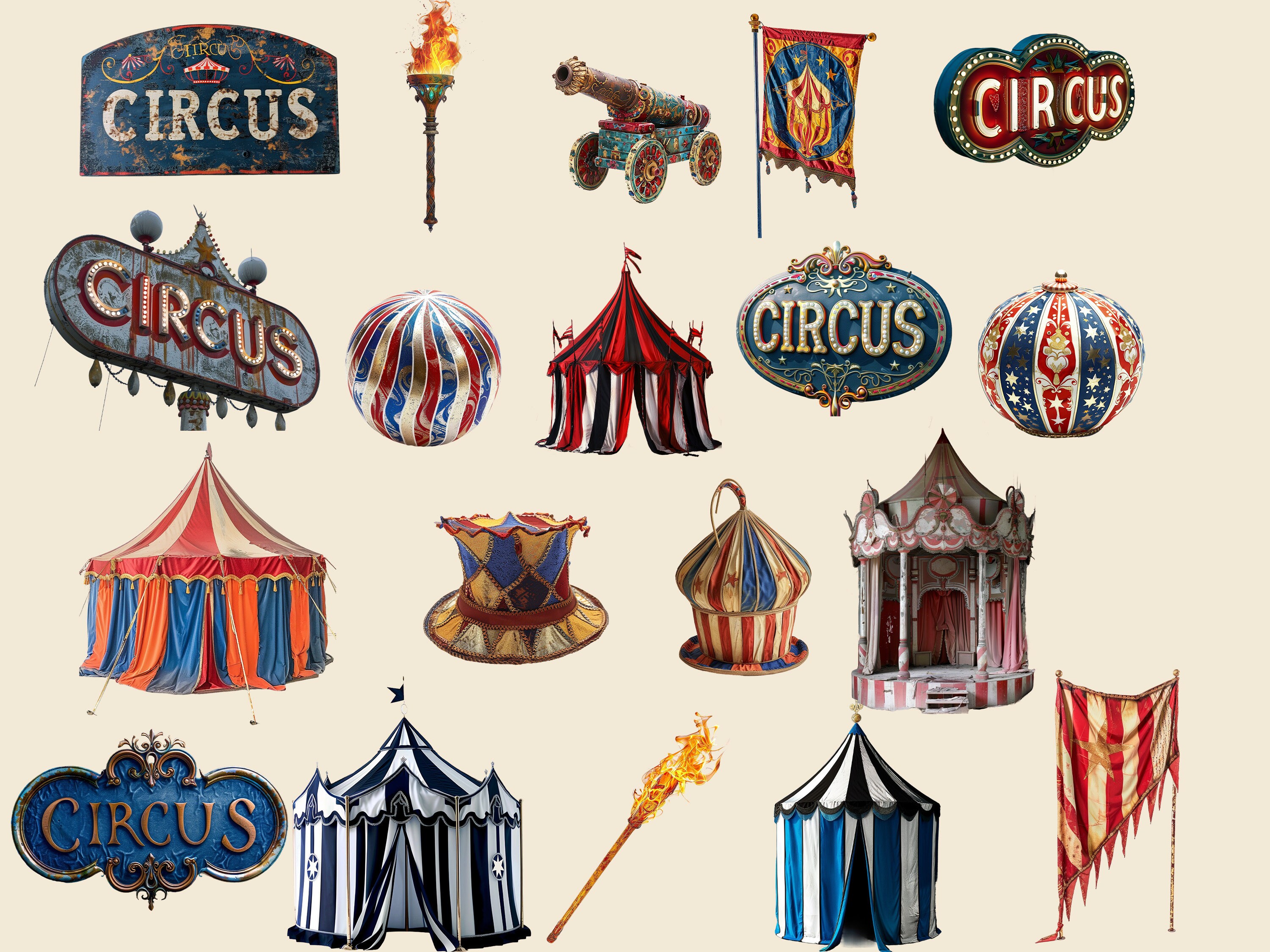 90 Unique Peculiar Circus Clipart PNG + 30 Backgrounds - Printable ...