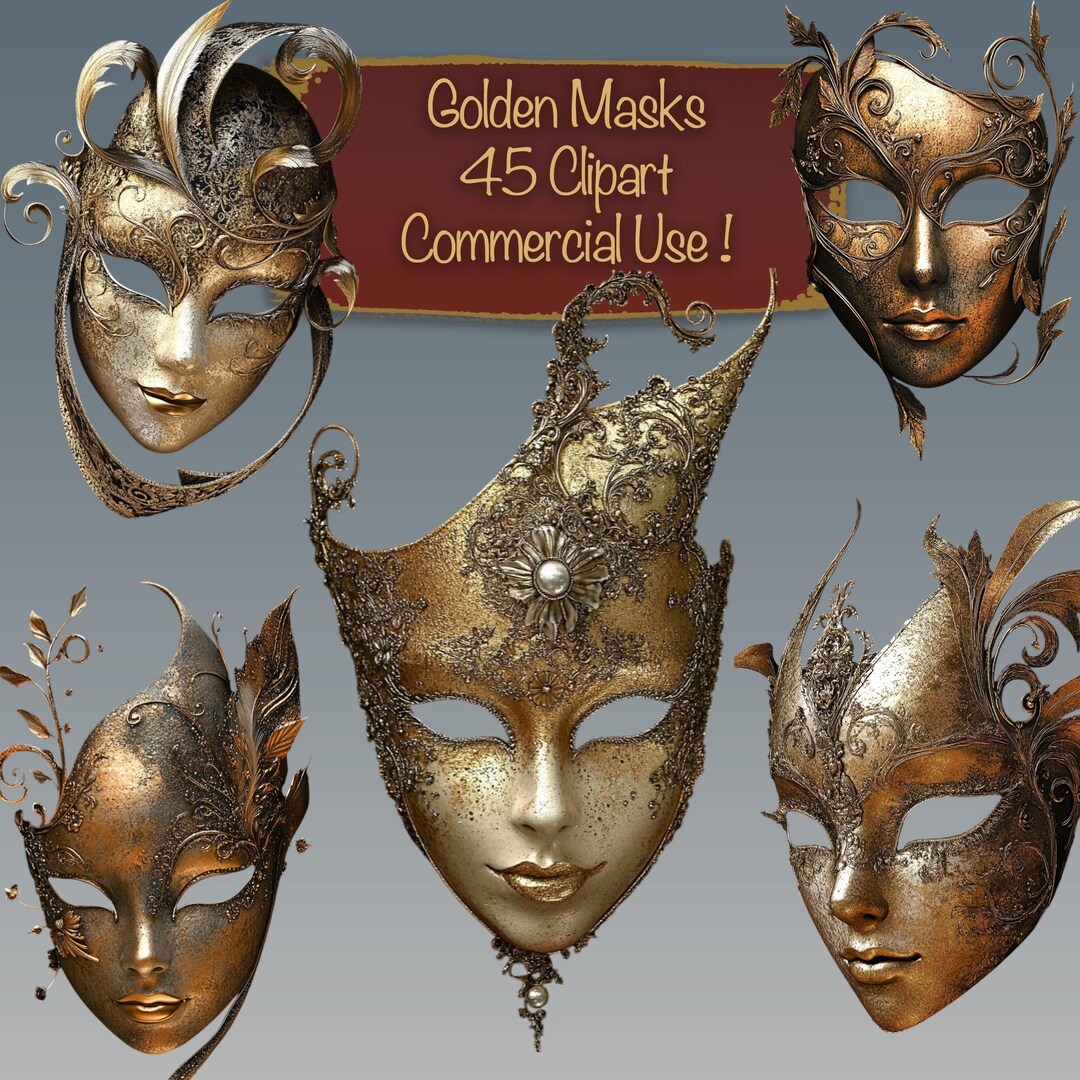 Golden Masks Clipart Bundle, 45 PNG Files - DIY Card Making, Junk ...