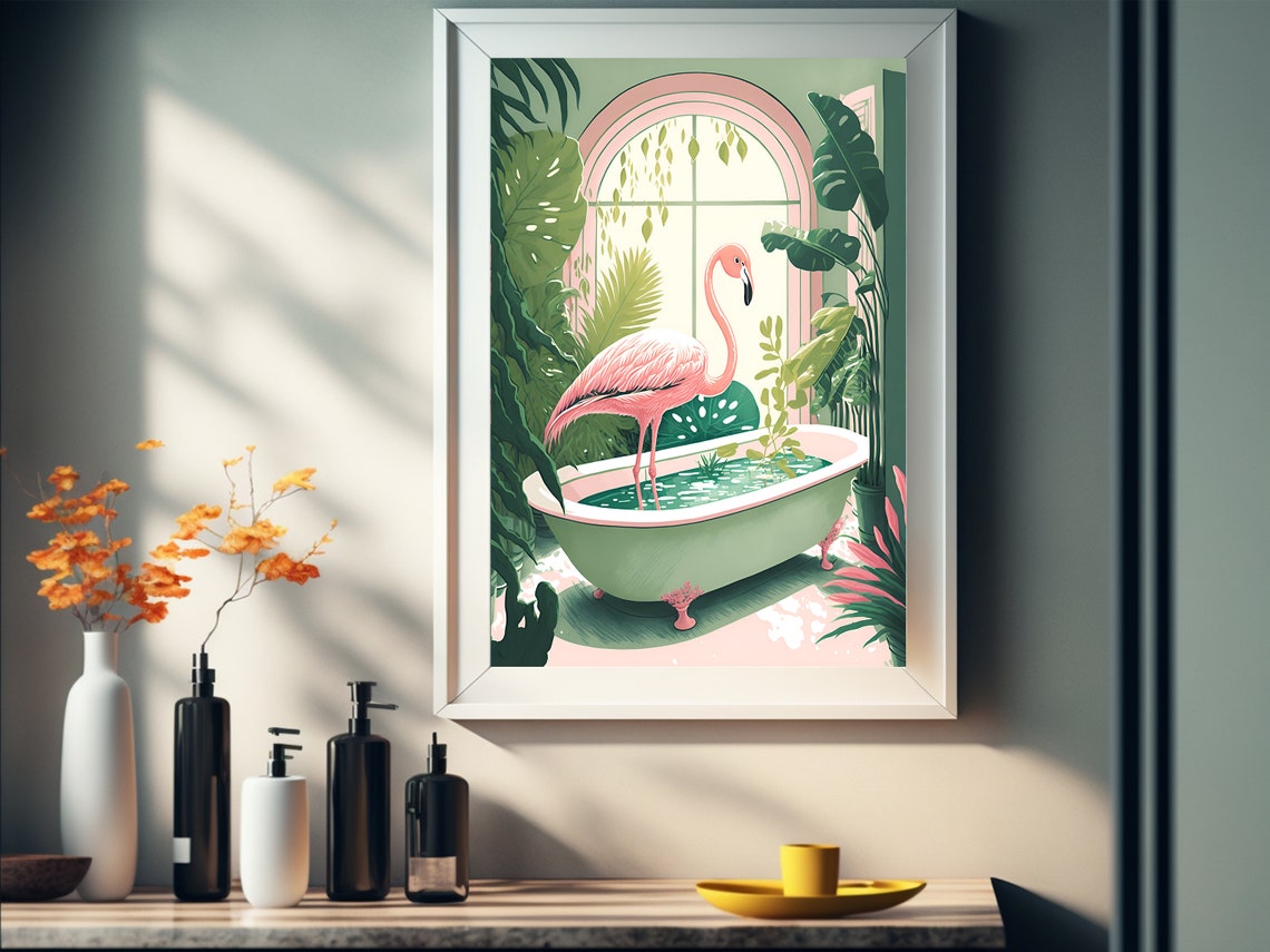 Flamingo in Bathtub Tropical Bathroom Print Funny Bath Wall - Etsy