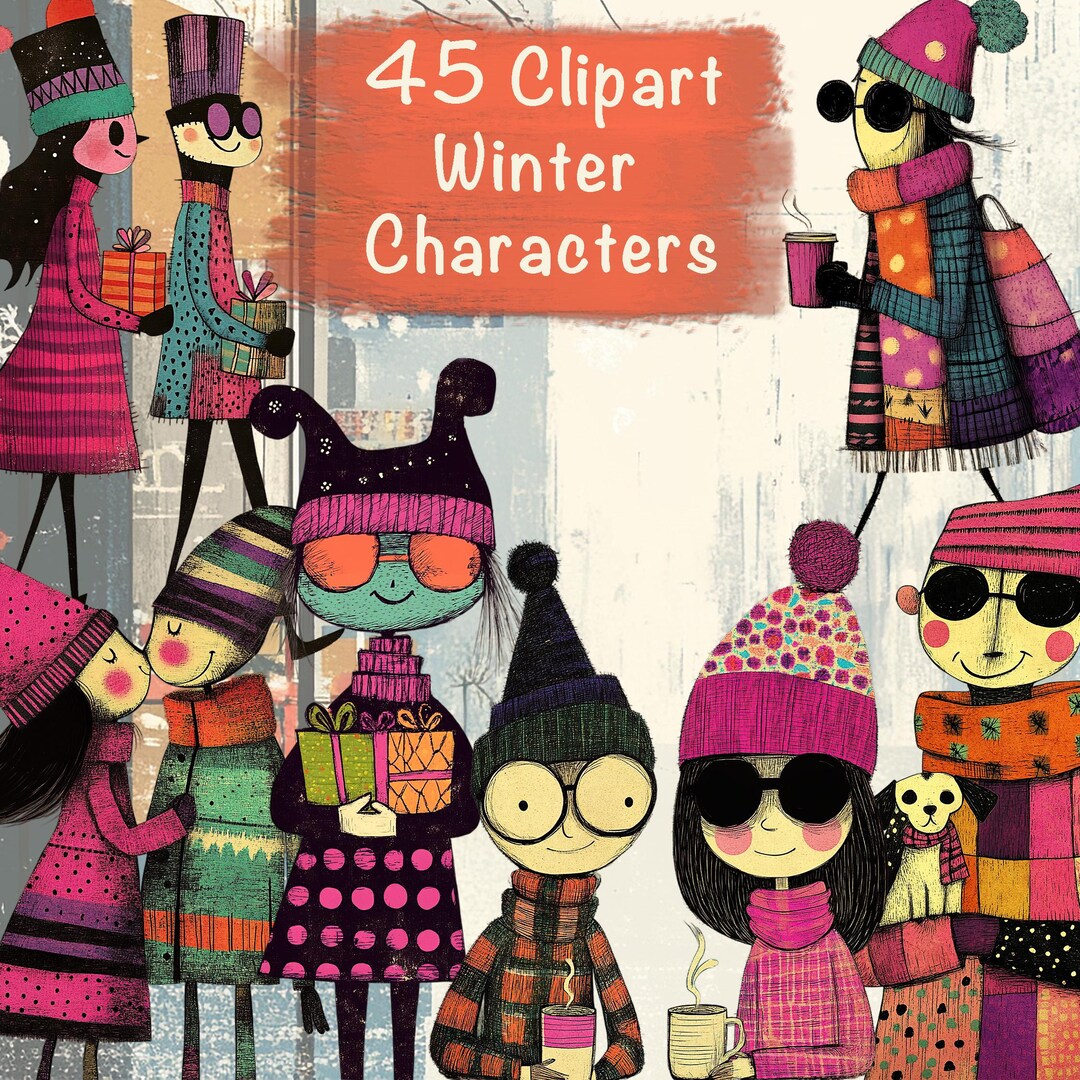 45 Png Whimsical Winter Characters Cartoon Style + 20 Backgrounds, DIY ...