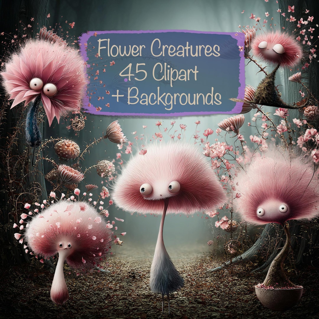 Flower Creatures Characters 45 Clipart PNG + 15 Backgrounds - DIY Cards ...
