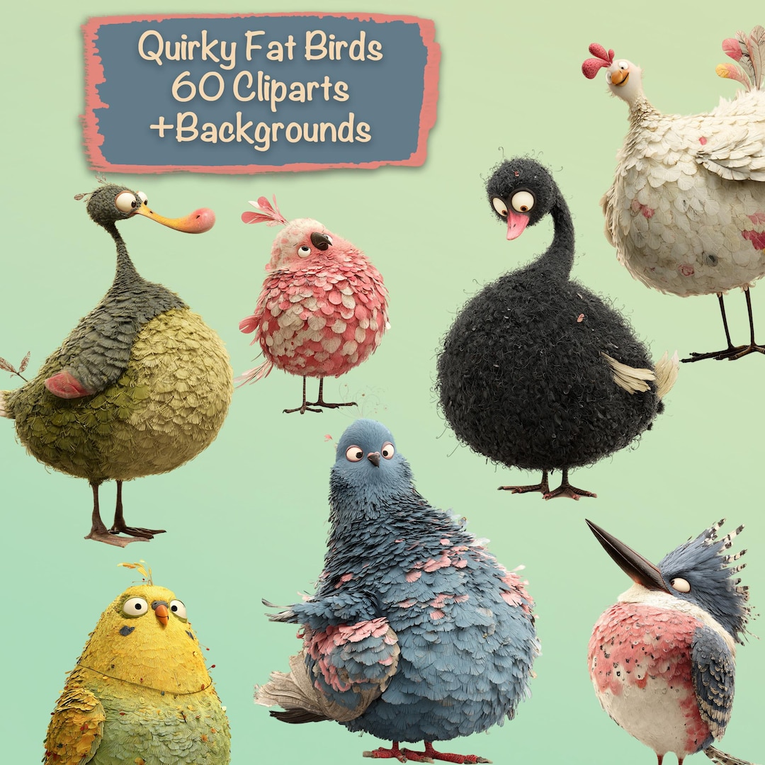 Quirky Fat Birds 60 Clipart + 15 Background, DIY Card Making, Junk ...