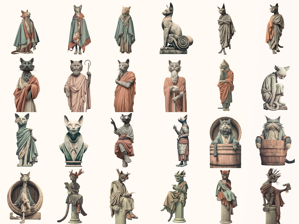 55 Whimsical Cat Philosophy Clipart + 30 Backgrounds, Scrapbooking Kit ...