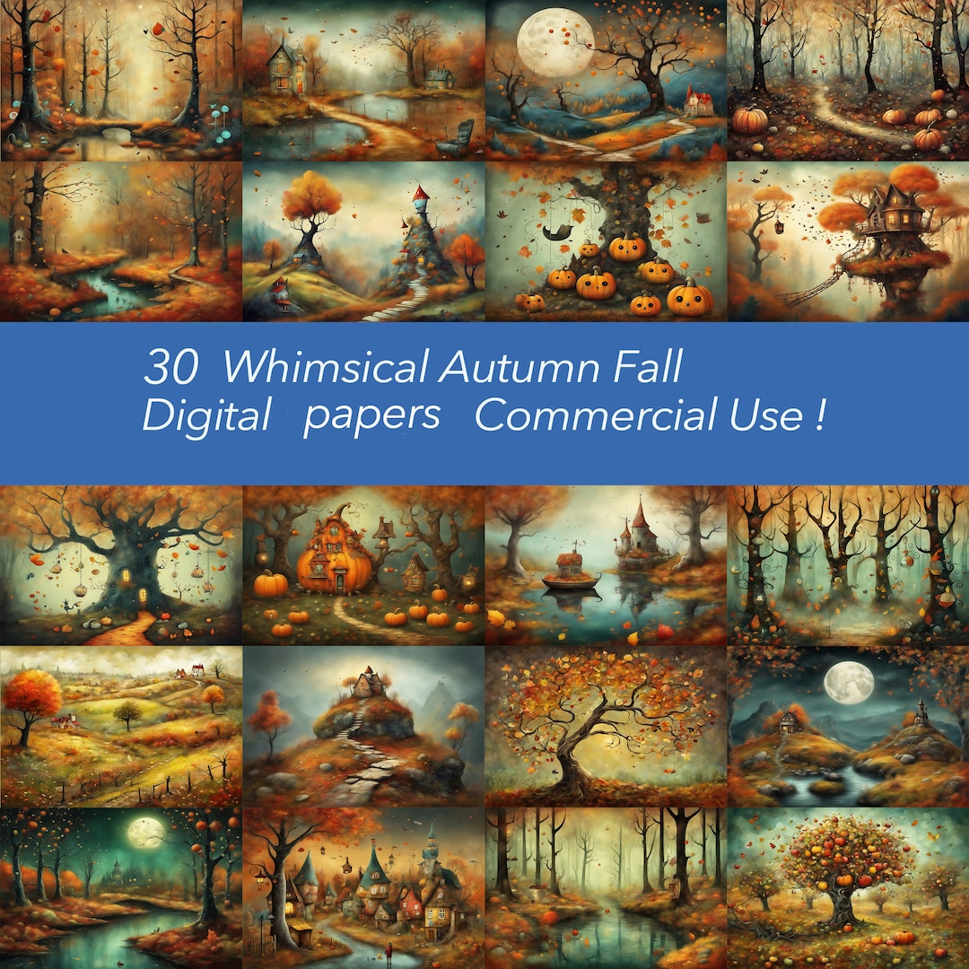 30 Whimsical Fall Digital Papers Bundle, Autumn Scenes for Junk Journal ...