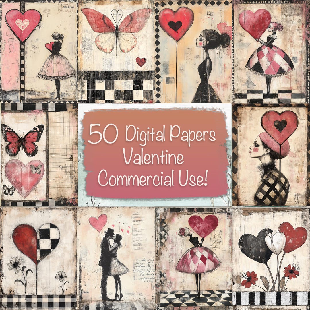 50 Valentine Mix Media Digital Papers Bundle - DIY Card Making, Junk ...