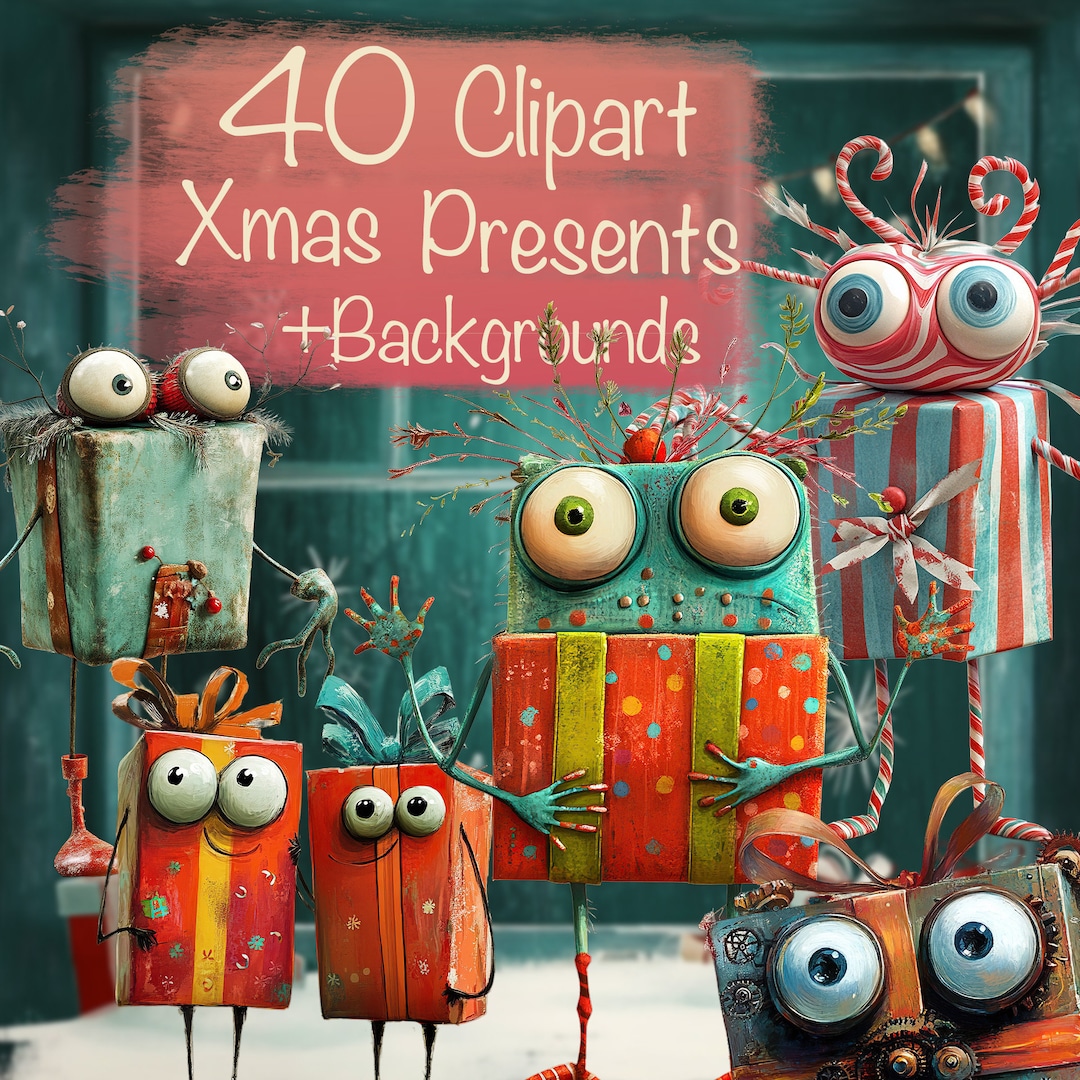 40 Whimsical Christmas Presents Characters Bundle + 15 Background, DIY ...
