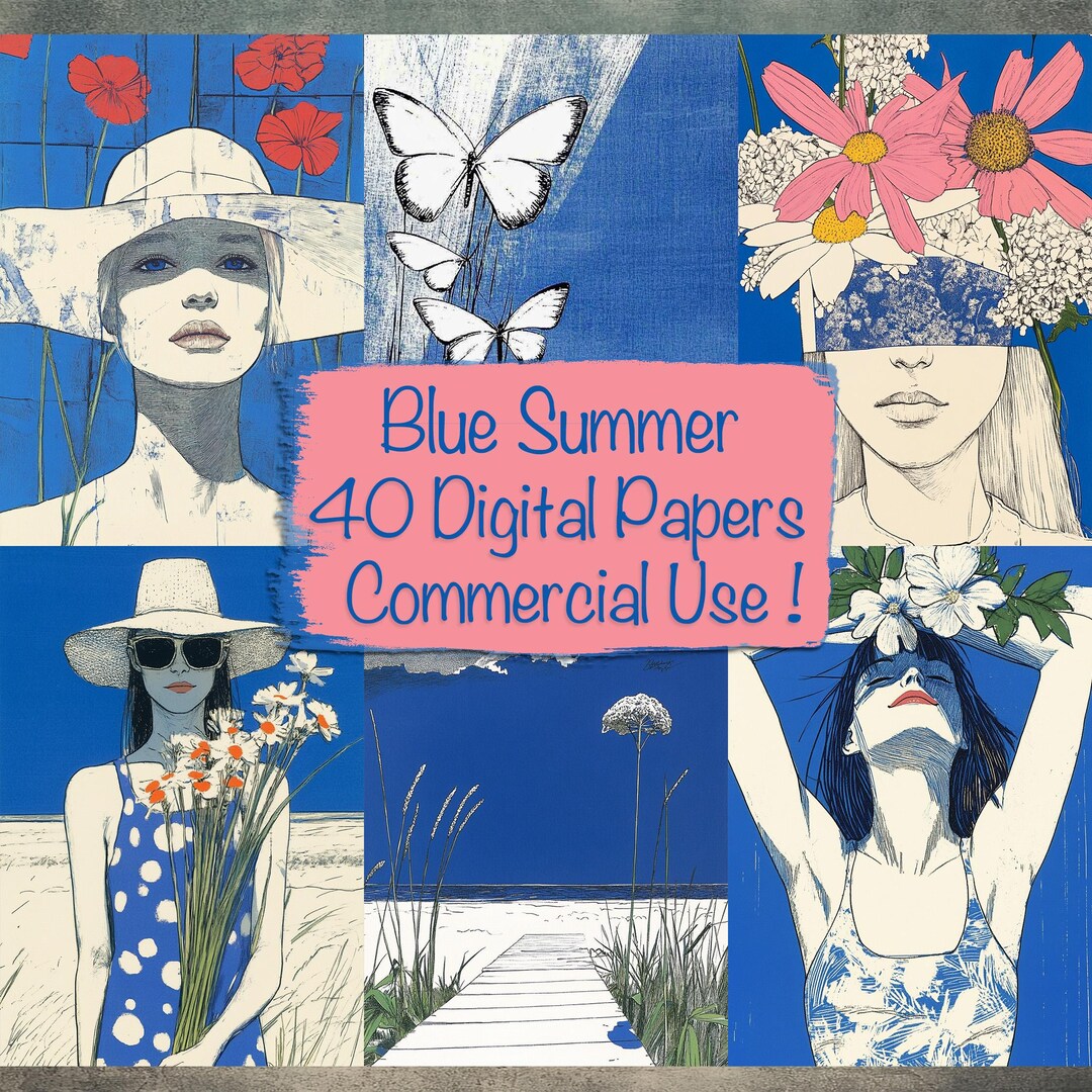 Blue Summer 40 Digital Papers Bundle, DIY Card Making, Junk Journal ...