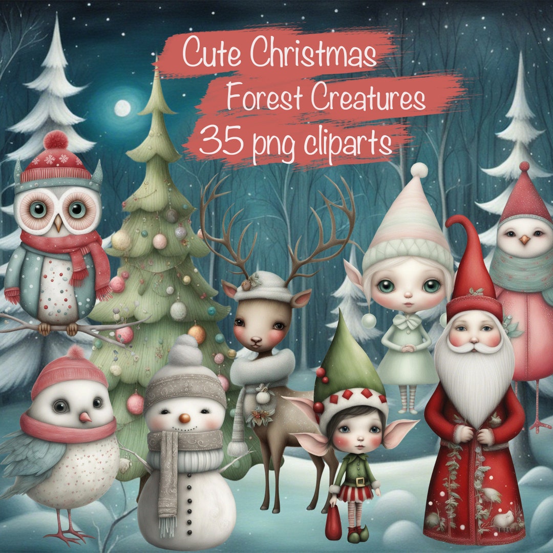 Set of 35 Whimsical Christmas Forest Creatures Clipart Png on ...