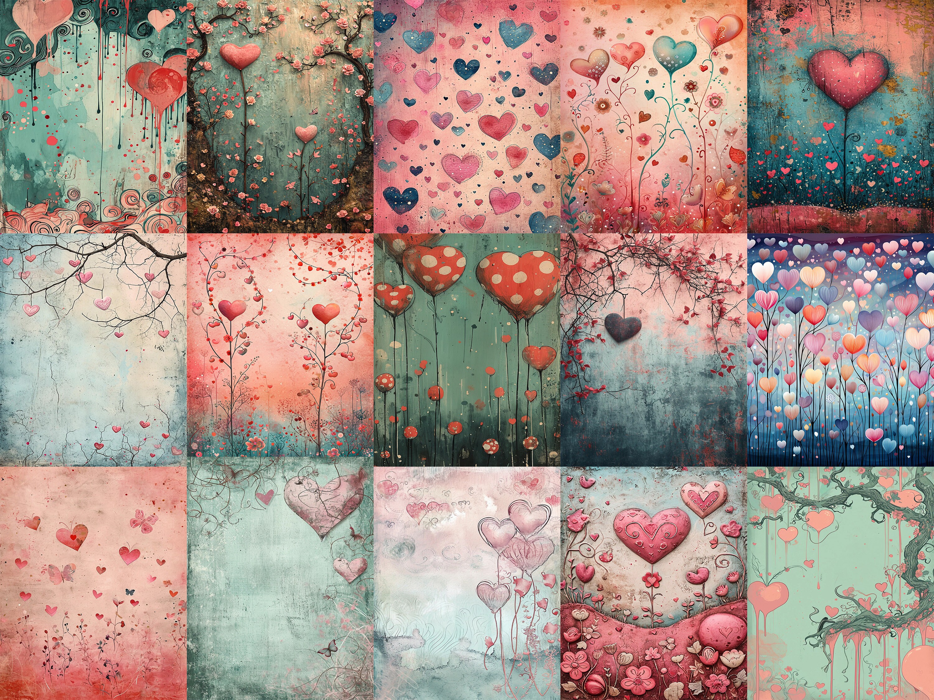 40 Whimsical Valentine Digital Papers, Pastel Muted Tones - Mixed Media ...