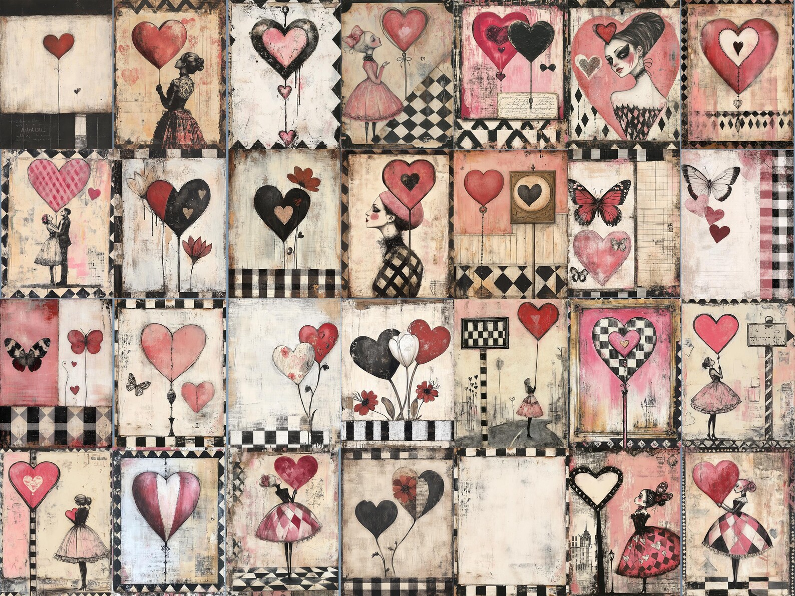 50 Valentine Mix Media Digital Papers Bundle - DIY Card Making, Junk ...