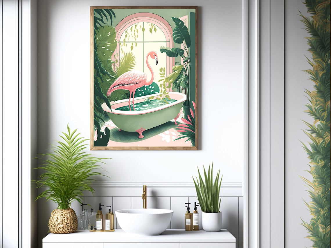 Flamingo in Bathtub Tropical Bathroom Print Funny Bath Wall - Etsy