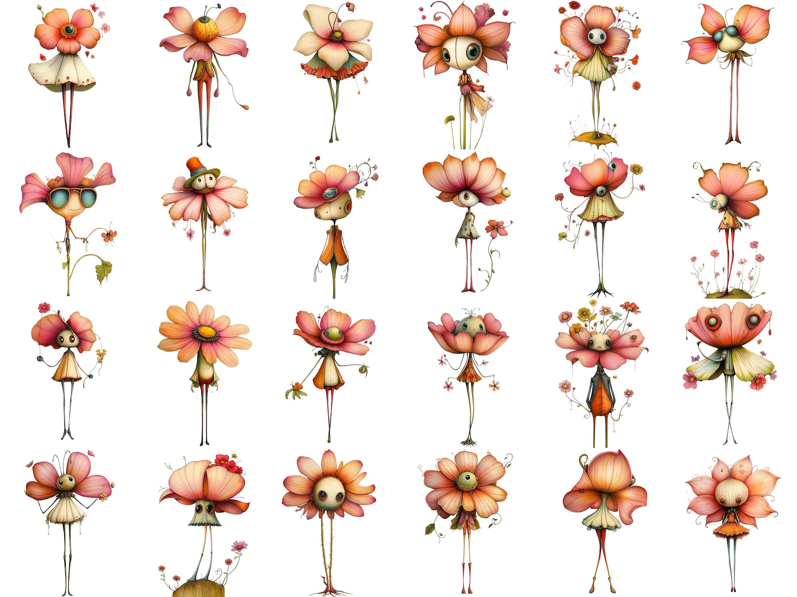 Quirky Flower Characters 45 PNG + 15 Backgrounds, DIY, Cards, Junk ...