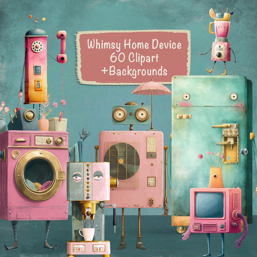 Whimsical Home Device 60 Clipart + 15 Backgrounds, DIY Card, Junk ...