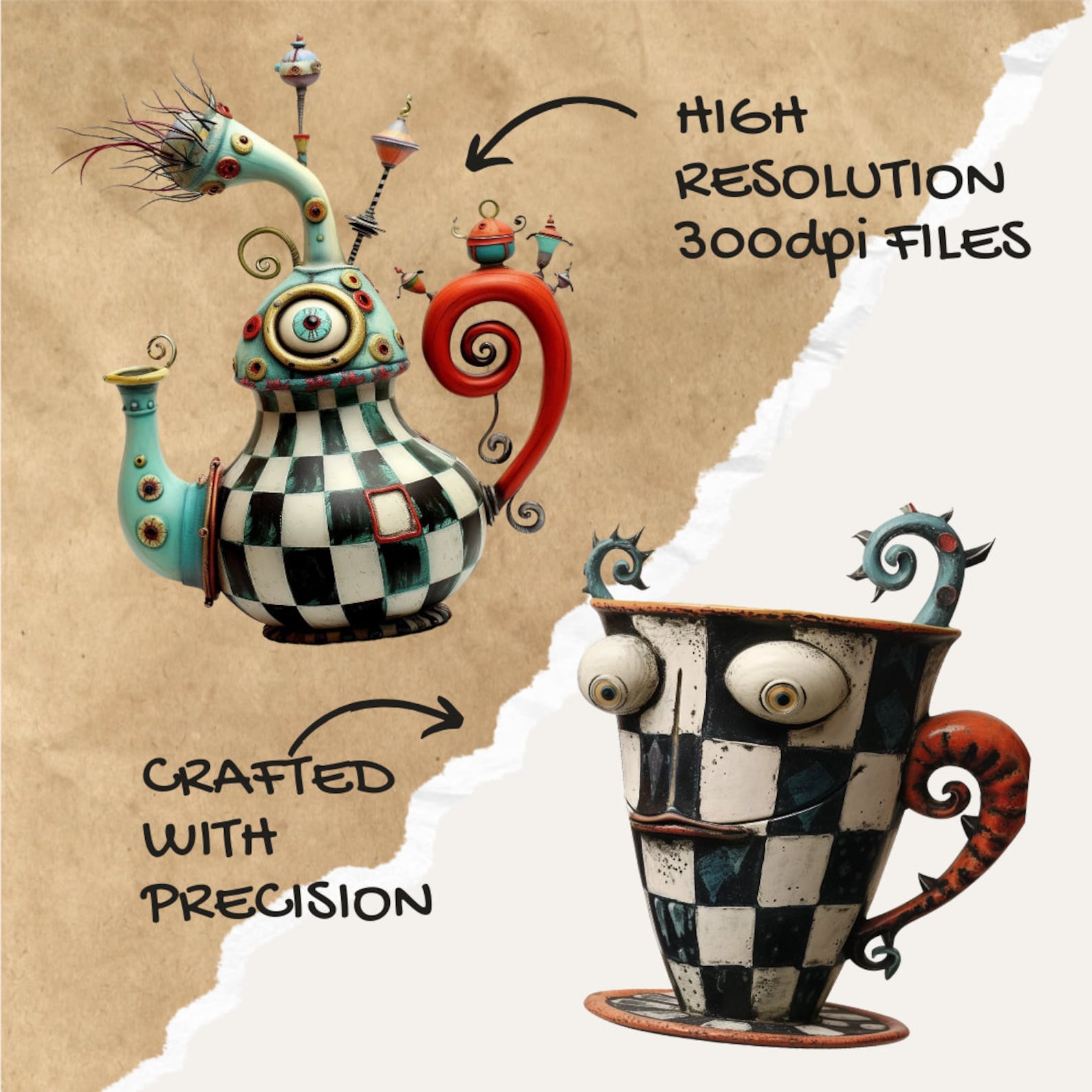 Set of 30 Quirky Whimsy Tea Pots and Teacups Png Clipart + Printable ...