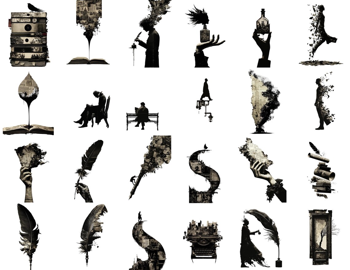 Silent Poets Characters, 55 Clipart Bundle + 20 Backgrounds, Junk ...