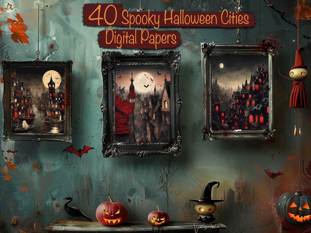 40 Spooky Halloween City Digital Paper Bundle - Digital Backgrounds ...