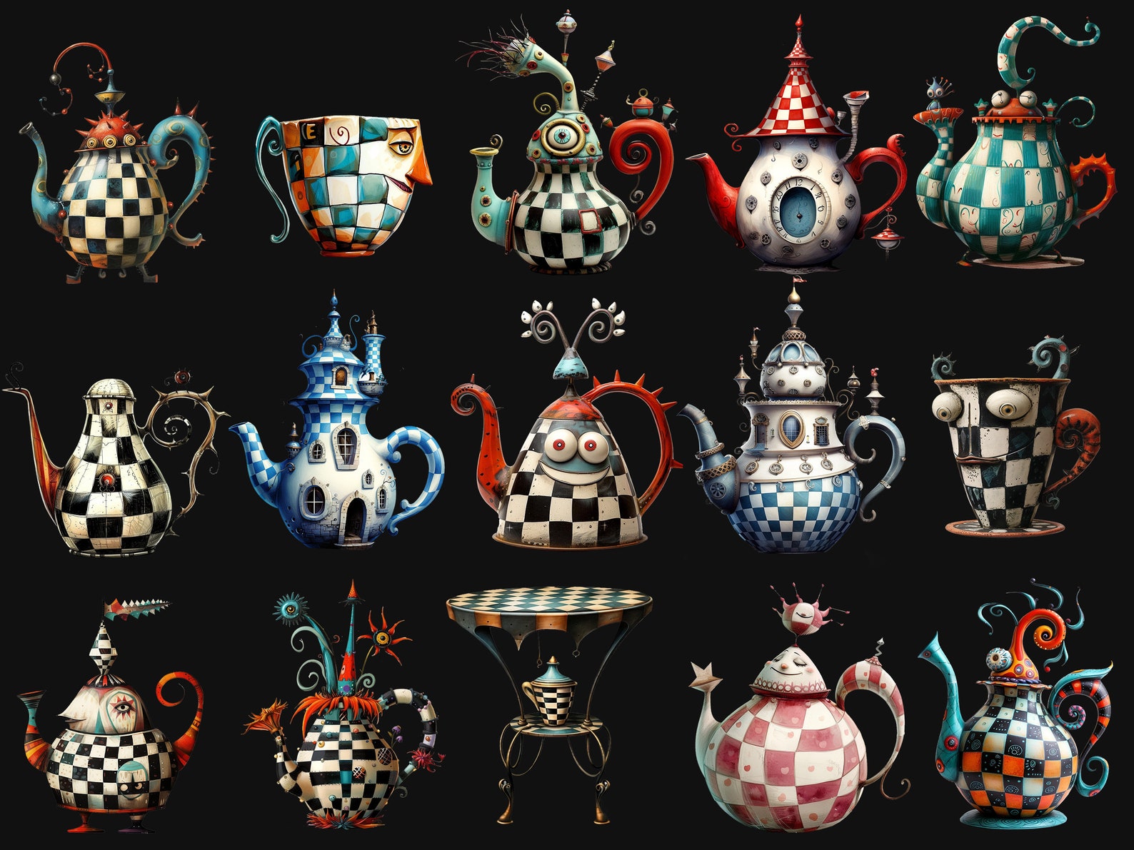 Set of 30 Quirky Whimsy Tea Pots and Teacups Png Clipart + Printable ...