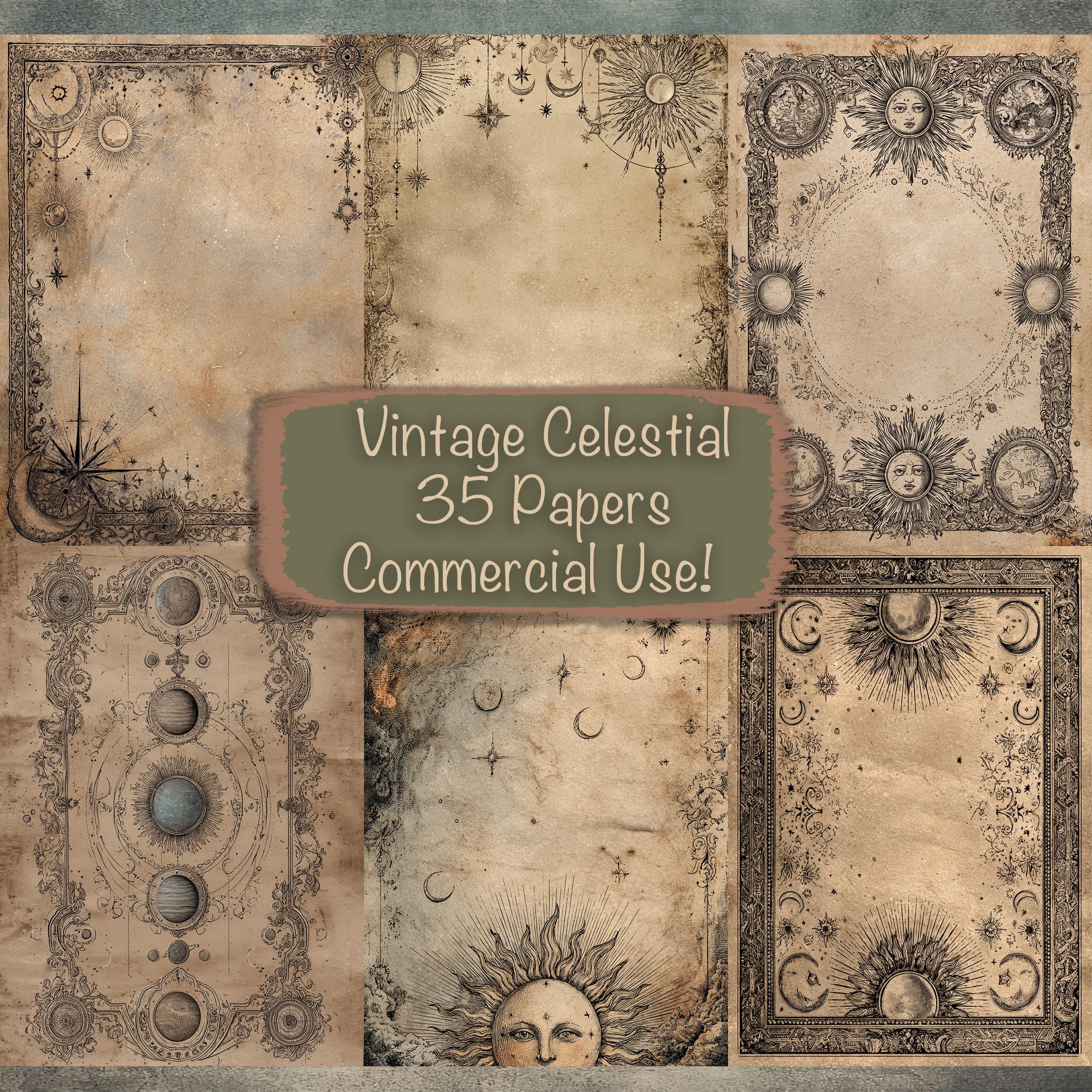 Vintage Celestial Backgrounds, 35 Digital Paper Bundle, DIY Card Making ...