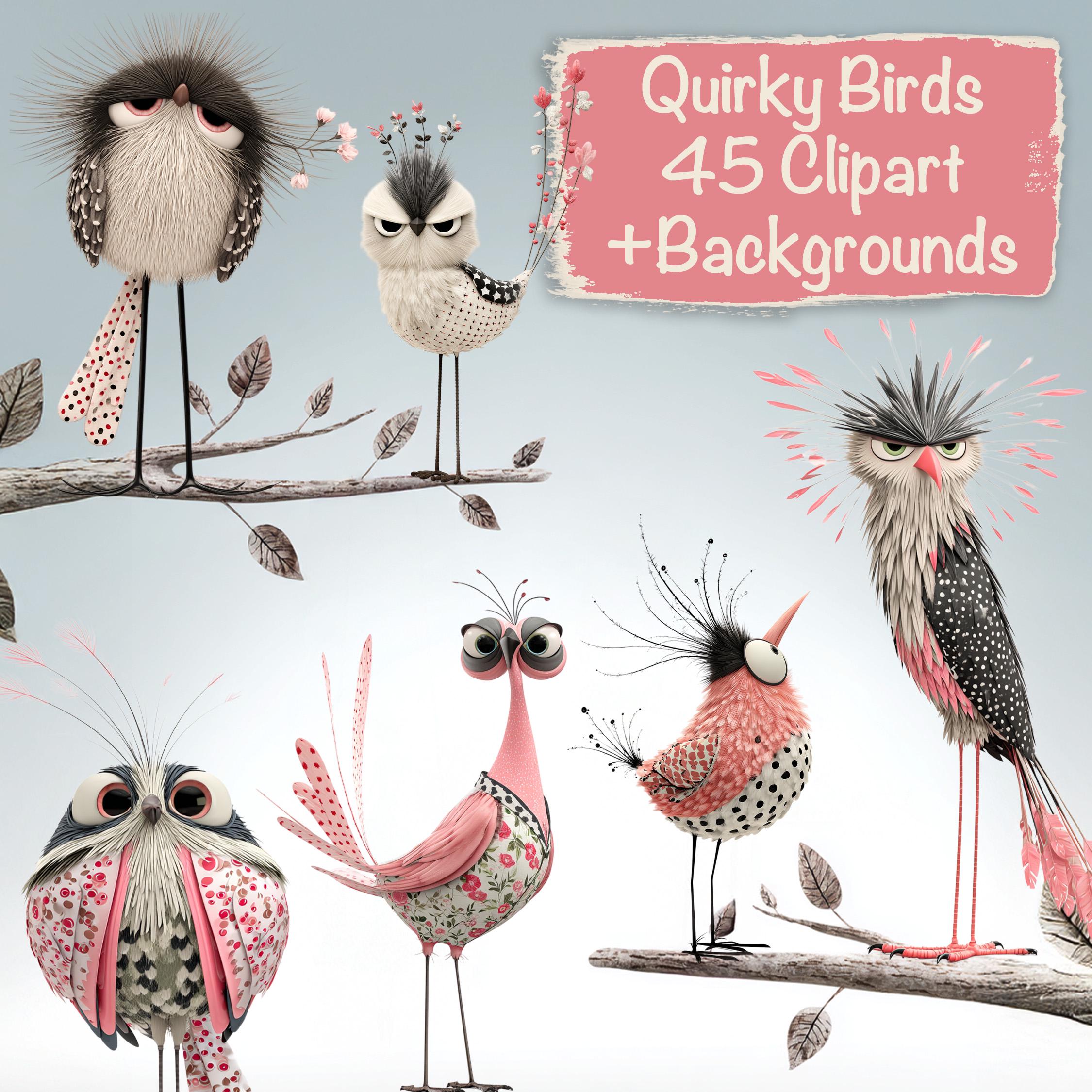 Quirky Birds 45 Clipart + 15 Background, DIY Card Making, Junk Journal ...