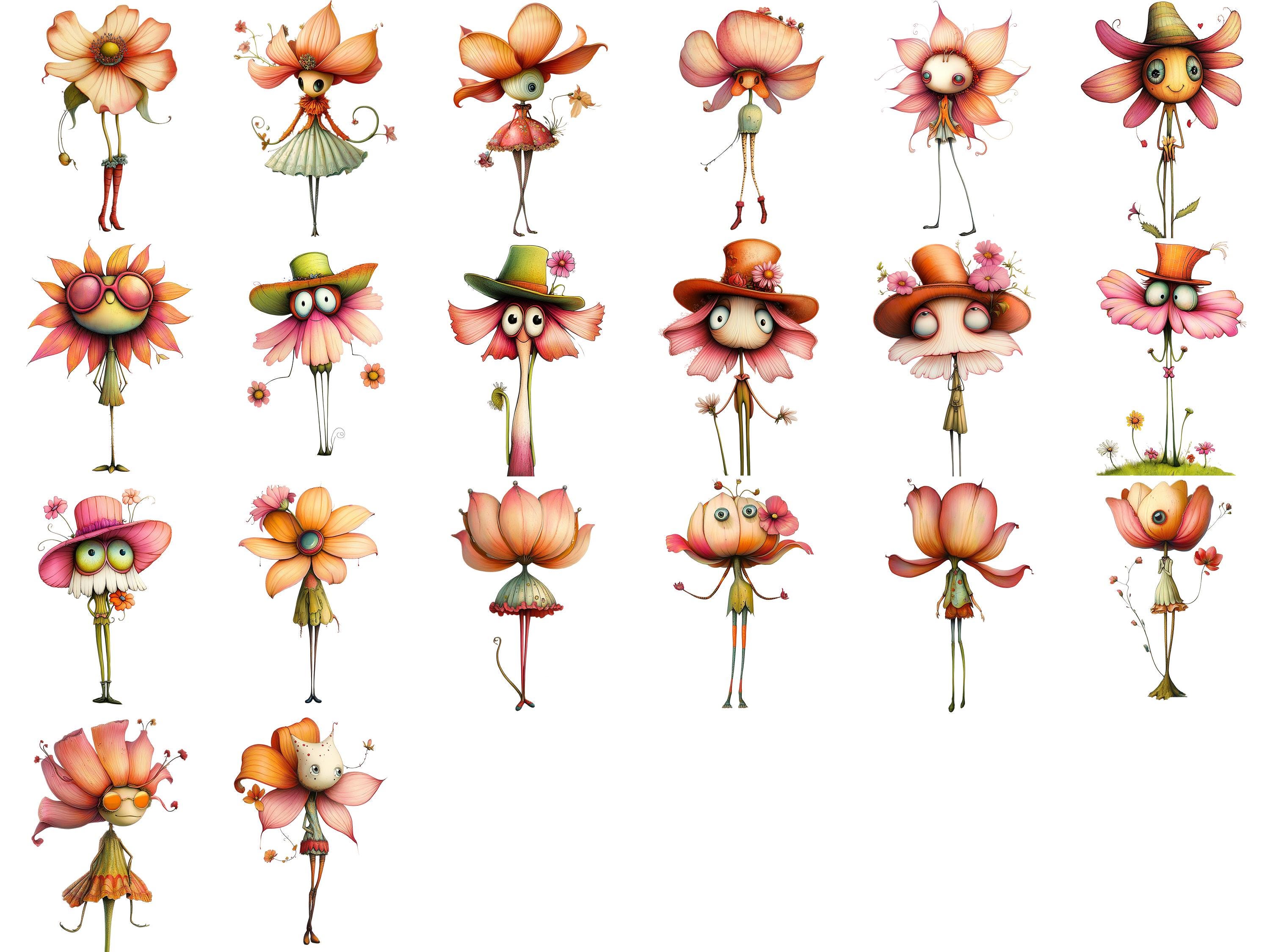 Quirky Flower Characters 45 PNG + 15 Backgrounds, DIY, Cards, Junk ...