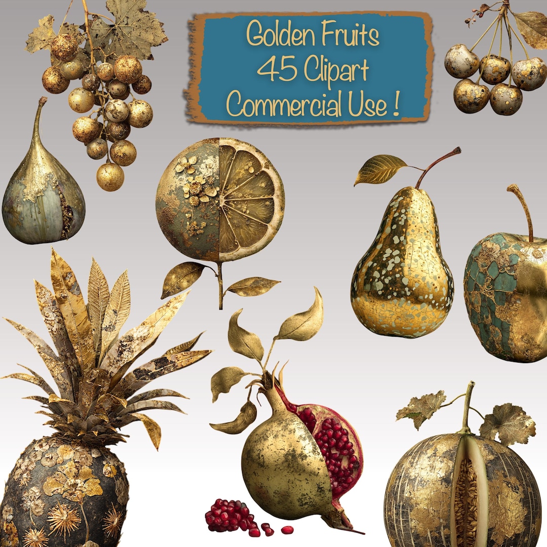 Golden Fruits Clipart Bundle, 45 PNG Files - DIY Card Making, Junk ...