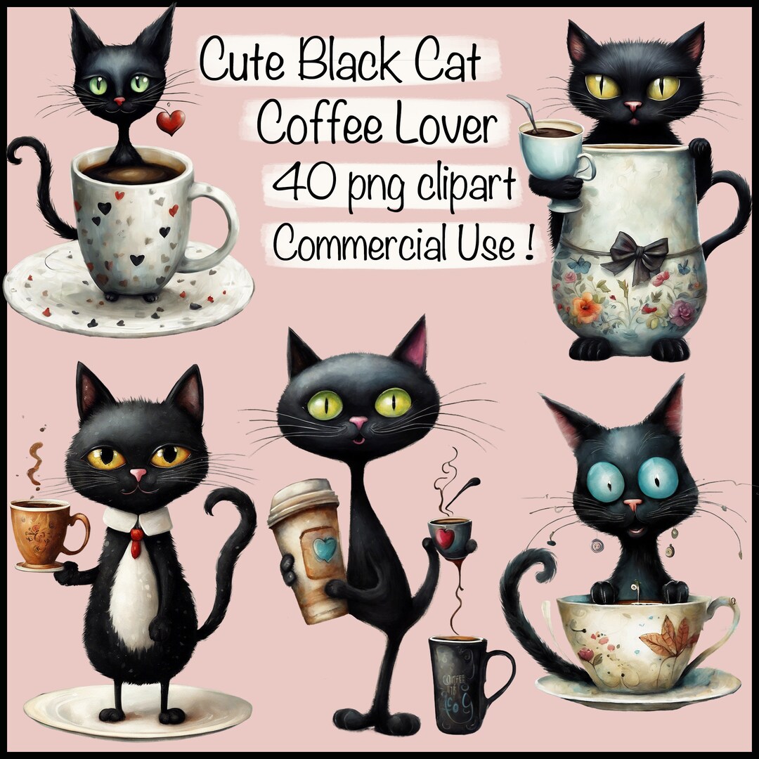 40 Quirky Whimsy Cat Coffee Lover Clipart + 10 Backgrounds + Printable ...