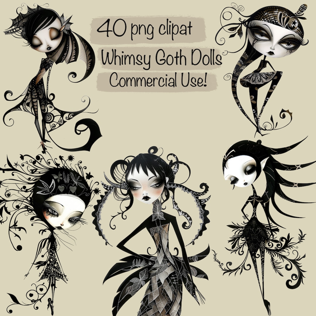40 Whimsical Goth Dolls Clipart Png, for Card Making, Junk Journal ...