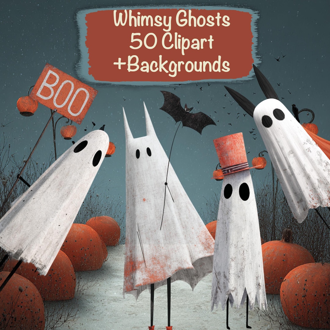 Whimsy Ghosts 50 Clipart + 15 Background, DIY Card Making, Junk Journal ...