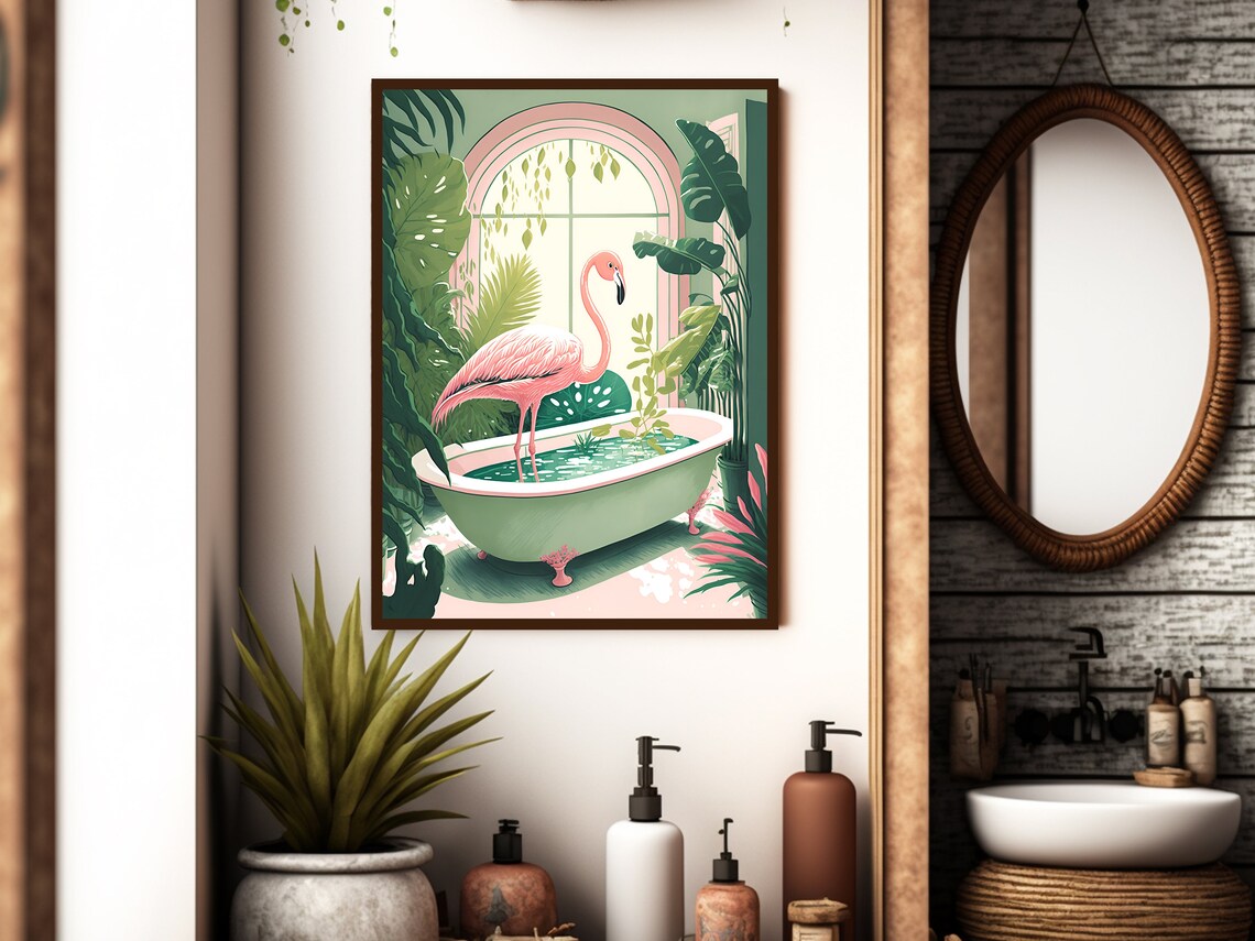 Flamingo in Bathtub Tropical Bathroom Print Funny Bath Wall - Etsy
