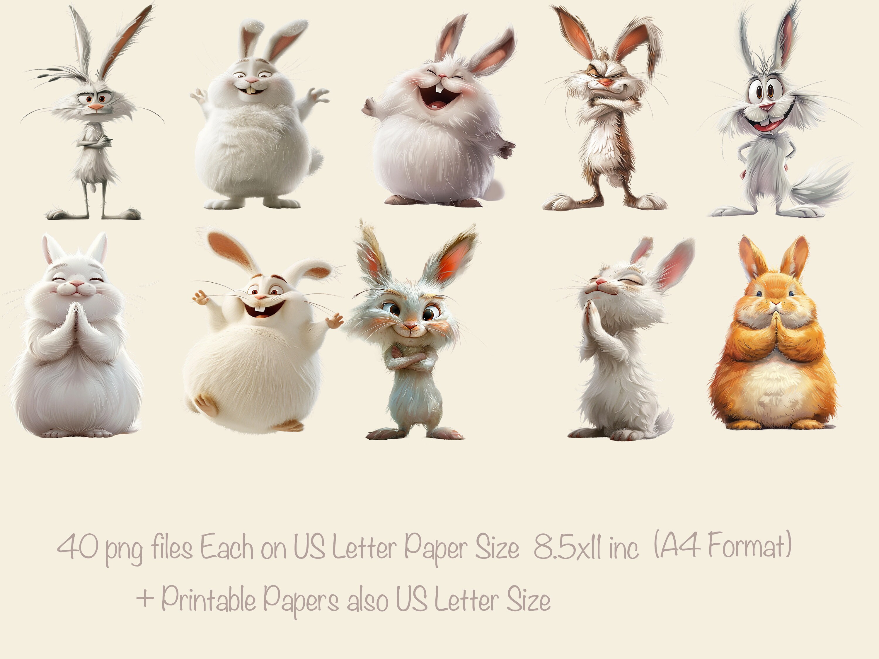 40 Easter Bunnies Clipart PNG + 10 Backgrounds + Printable Sheets, Card ...