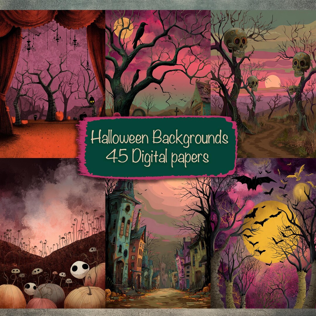 Halloween Cartoon Style Backgrounds, 45 Digital Paper Bundle, DIY Card ...