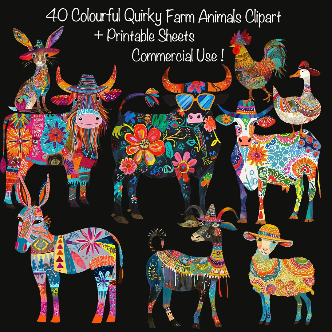 Set of 40 Quirky Colorful Farm Animals + Printable Sheets - for Kids ...