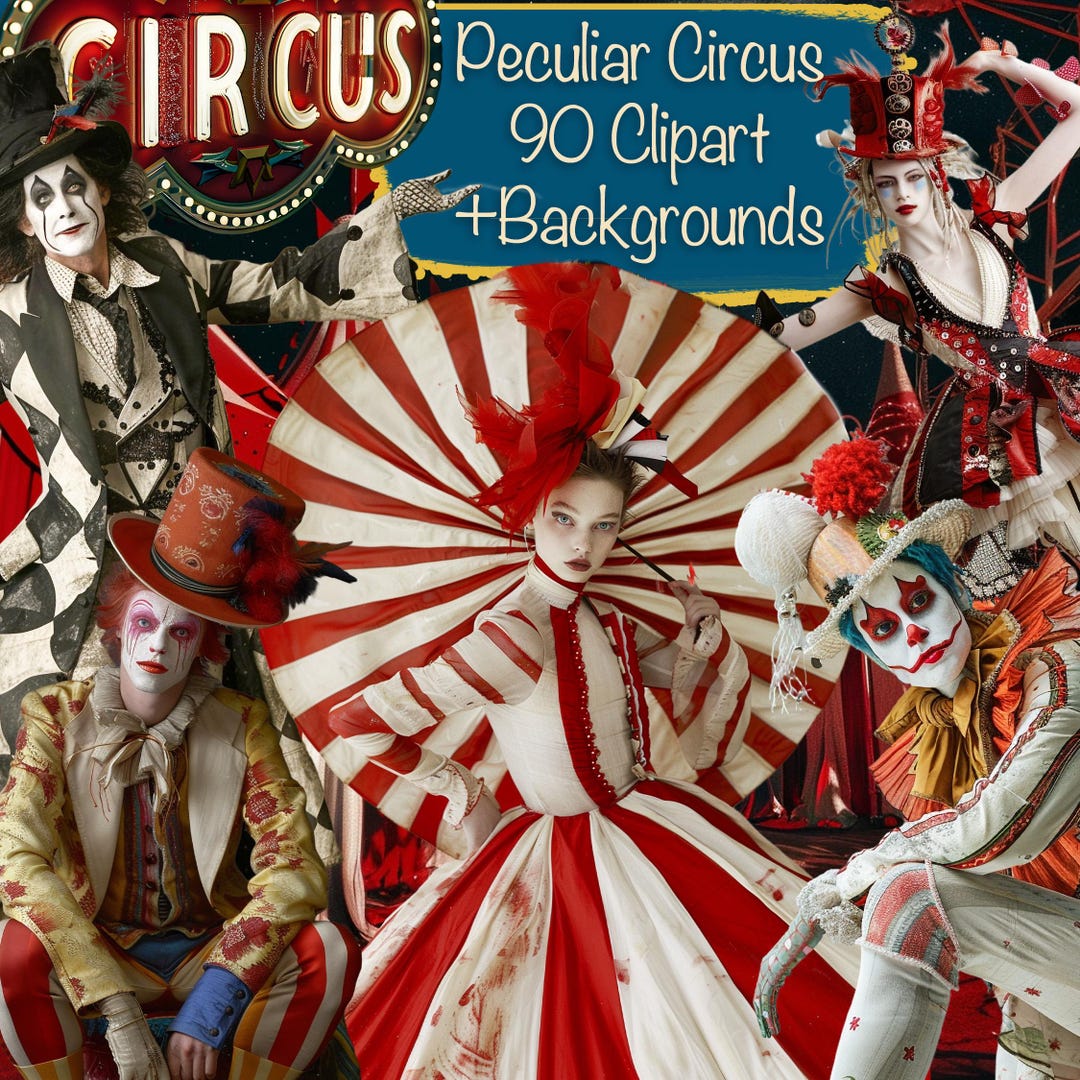 90 Unique Peculiar Circus Clipart PNG + 30 Backgrounds - Printable ...