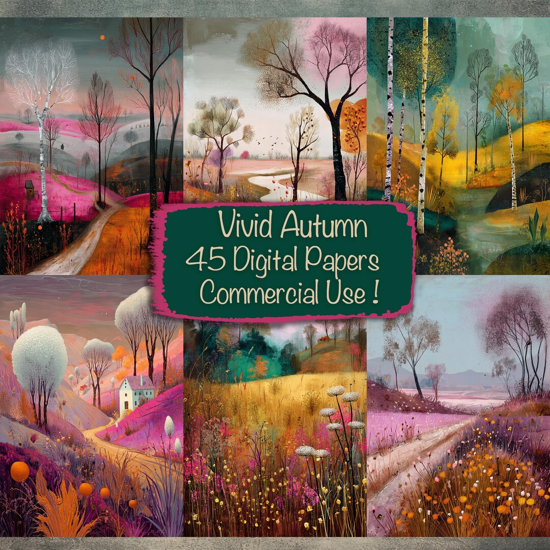 Vivid Autumn Landscape Backgrounds, 45 Digital Paper Bundle, DIY Card ...